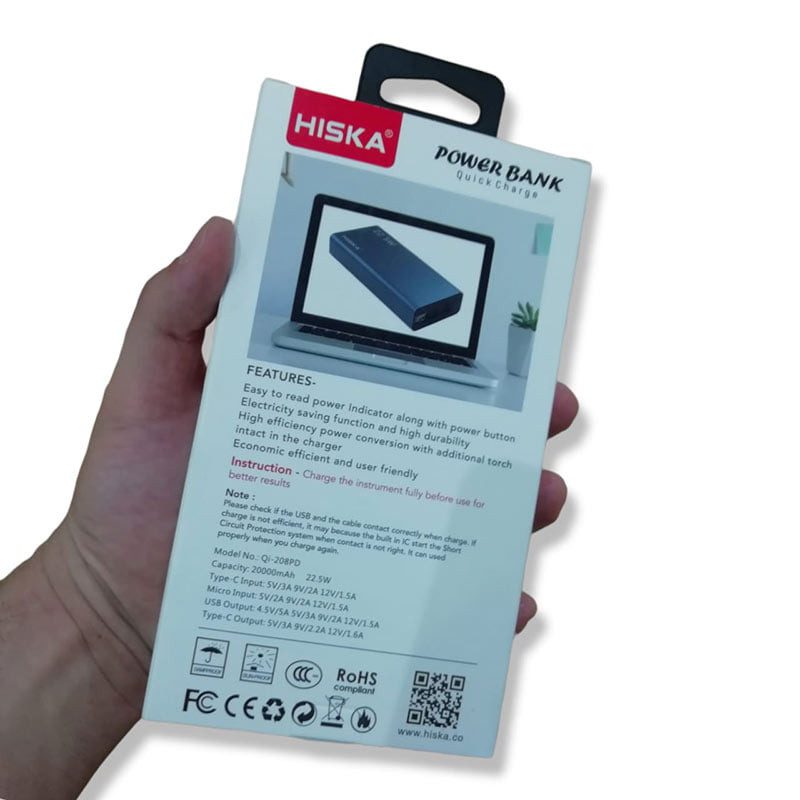 پاوربانک هیسکا (HISKA) 20000 میلی آمپر ساعت مدل QI-208PD، توان 22.5 وات - فروشگاه اینترنتی گیگاتی